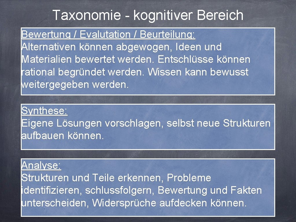 Taxonomie der Lernziele Drei Lernbereiche kognitiv Wissen Intellektuelle