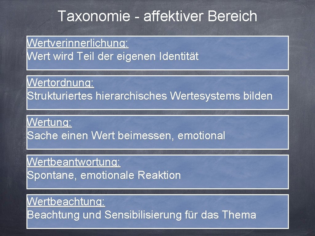 Taxonomie der Lernziele Drei Lernbereiche kognitiv Wissen Intellektuelle