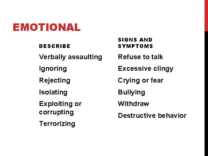CHILD ABUSE AND NEGLECT STANDARD 3 OBJECTIVE 1