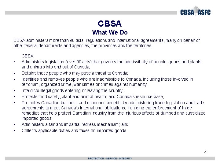 Overview of the Canada Border Services Agency XVII