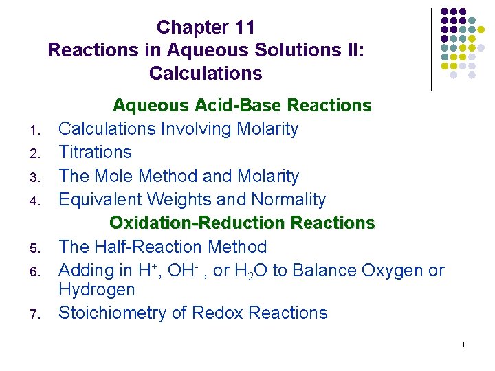 Chapter 11 Reactions in Aqueous Solutions II Calculations