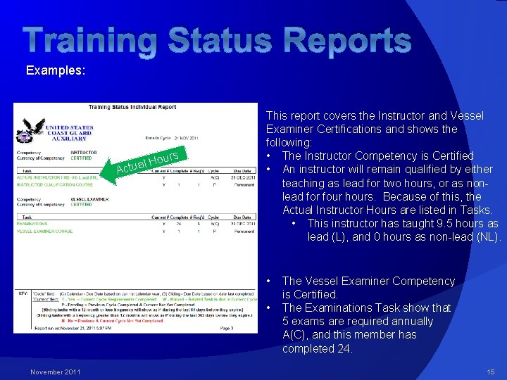INTRODUCTION TO AUXDATA 4 Useful Reports Training Status