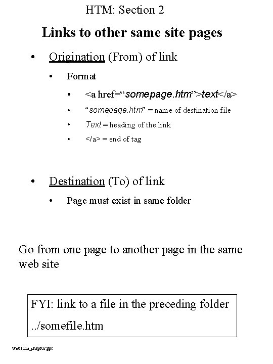 HTM Section 2 Hypertext Links Different section of