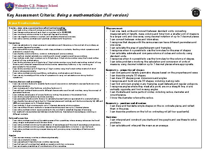 Key Assessment Criteria Being a mathematician A year