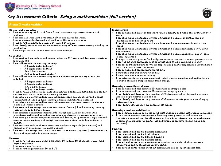 Key Assessment Criteria Being a mathematician A year