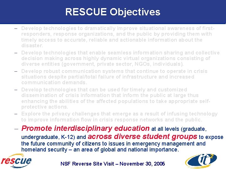 RESCUE Project Strategic Plan NSF Reverse Site Visit