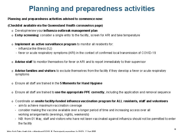 Influenza and COVID19 Planning and preparedness for residential