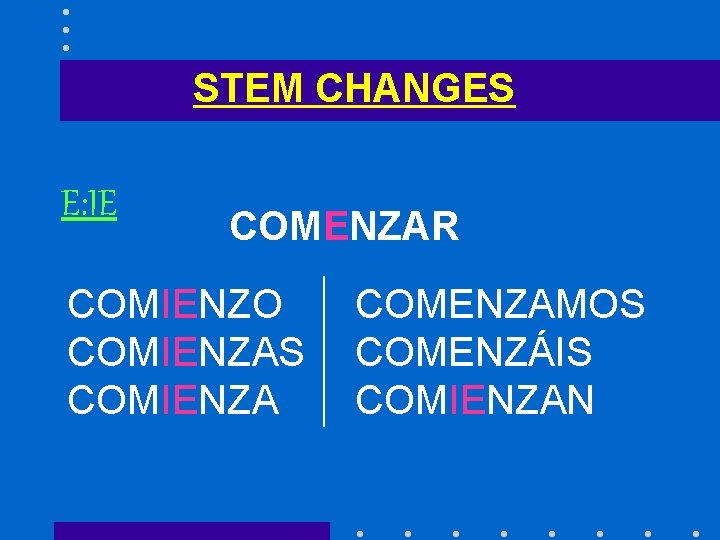 STEM CHANGES E IE COMENZAR COMIENZO COMIENZAS COMIENZA