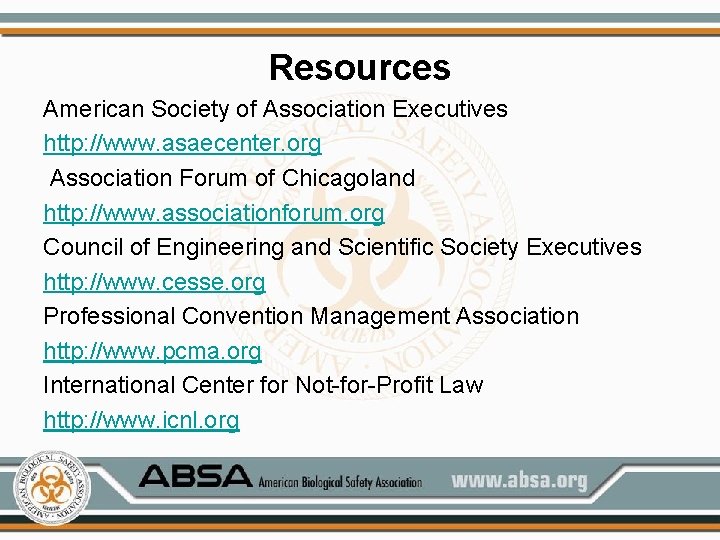 ABSA Affiliate and Biosafety Association Management Workshop October