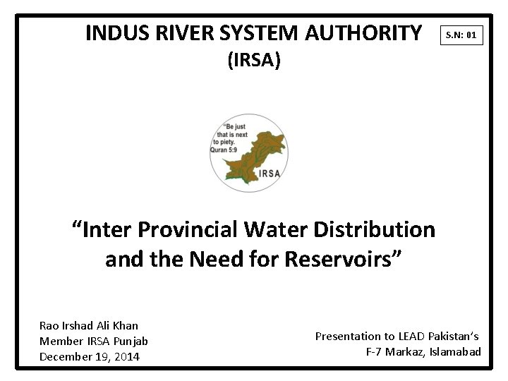 INDUS RIVER SYSTEM AUTHORITY S N 01 IRSA