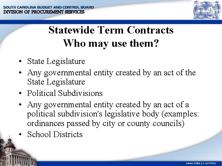 DIVISION OF PROCUREMENT SERVICES SOUTH CAROLINA BUDGET AND