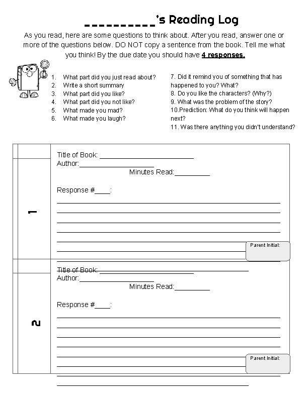 s Reading Log As you read here are