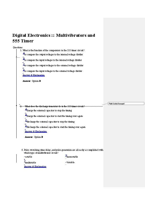 Digital Electronics Multivibrators and 555 Timer Questions 1