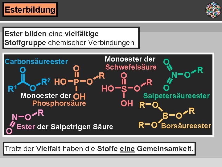 Esterbildung Ester bilden eine vielfltige Stoffgruppe chemischer ...