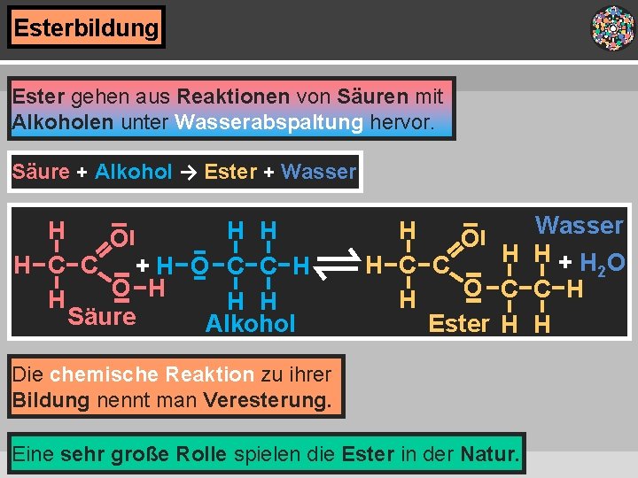 Esterbildung Ester bilden eine vielfltige Stoffgruppe chemischer ...