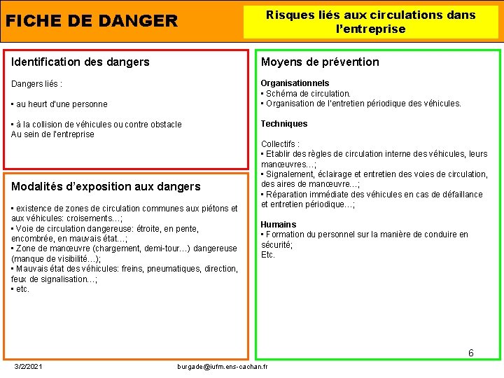 FICHE DE DANGER Identification des dangers Charge Moyens