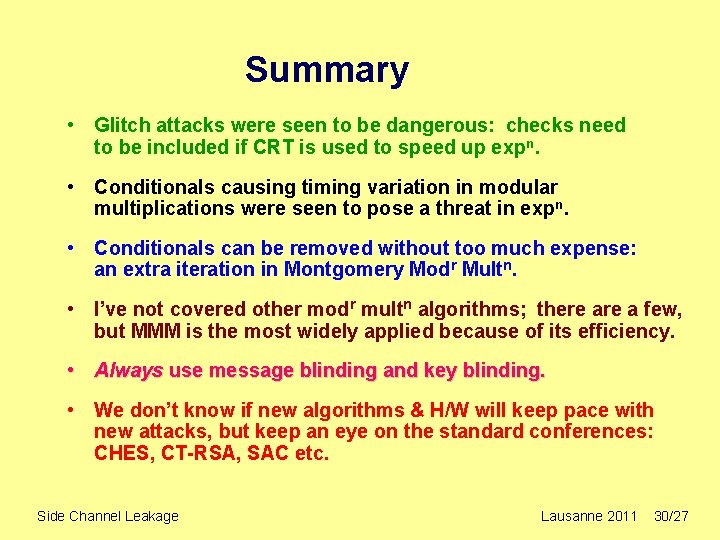 Side Channel Leakage from Implementations of Modular Multiplication