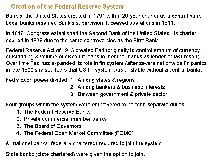 Creation of the Federal Reserve System Bank of