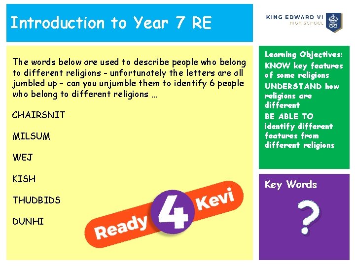 Introduction to Year 7 RE The words below