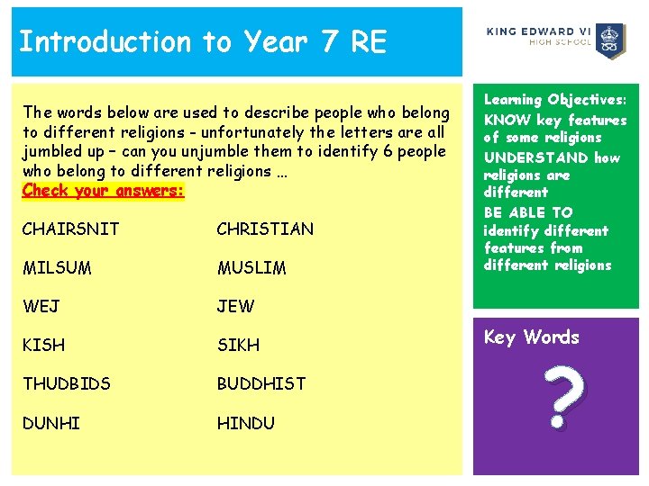 Introduction to Year 7 RE The words below