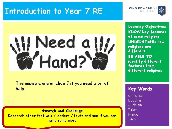 Introduction to Year 7 RE The words below