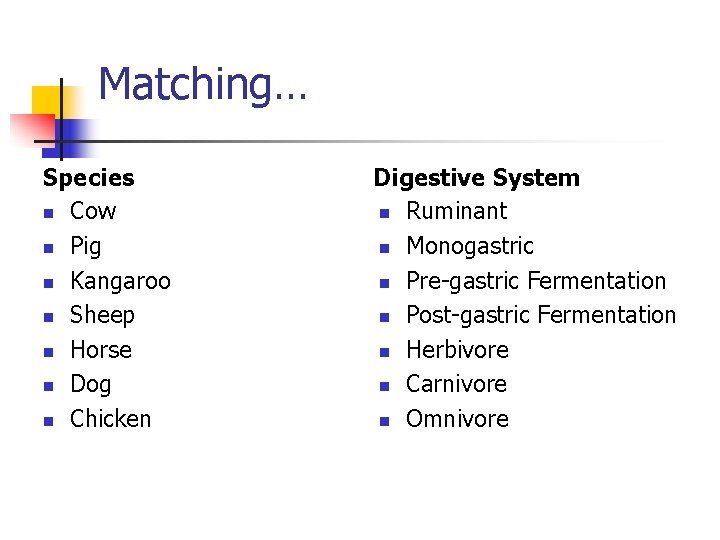 Monogastric Digestive System Matching Species n Cow n