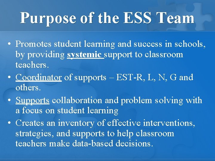 ESS Team Functions Responsibilities Agenda Welcome Session Outcomes