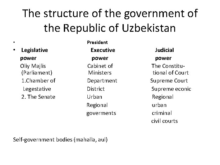 The structure of the government of the Republic