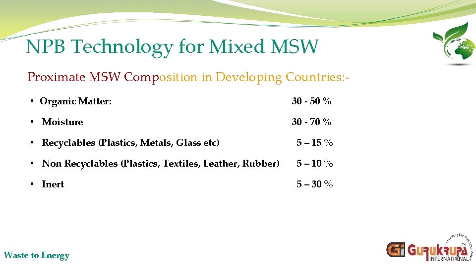 NPB Technology for Mixed MSW Treatment Versatile Technology