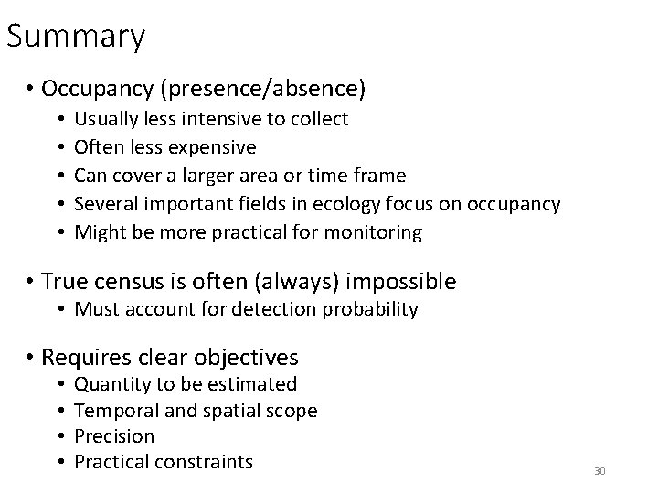 Introduction to Occupancy Models Key to inclass exercise