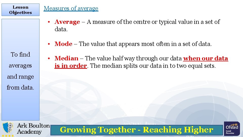Lesson Objectives To find averages and range from