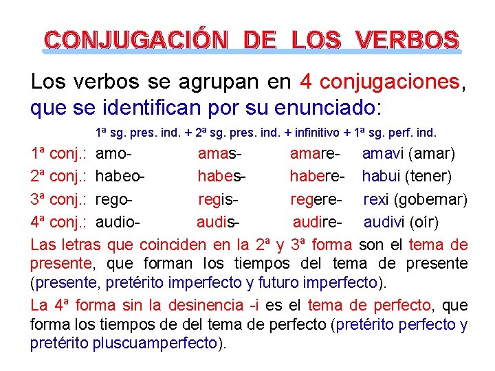 CONJUGACIN DE LOS VERBOS Los verbos se agrupan