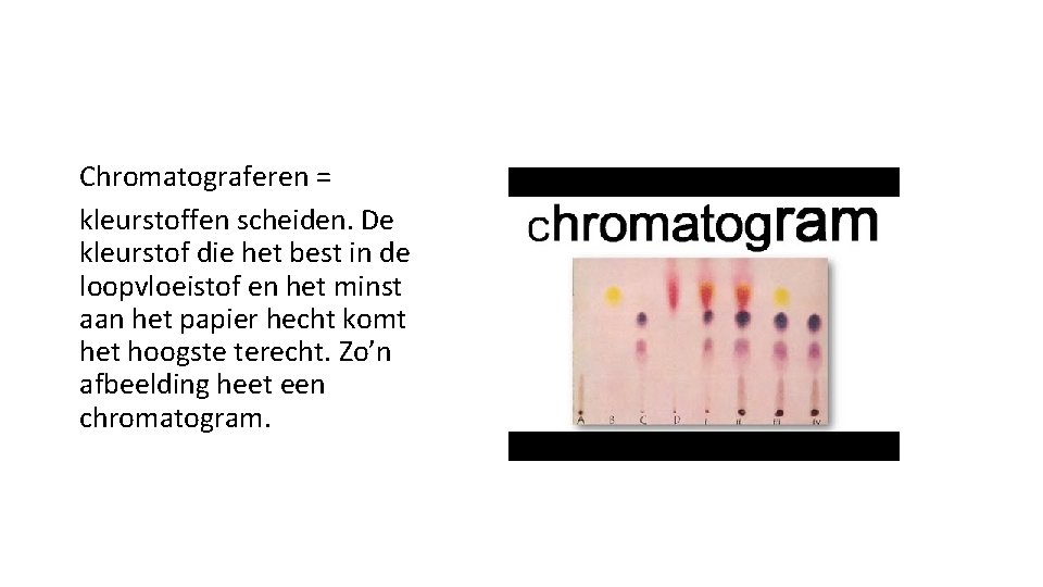 Chromatograferen Lesdoel Je kunt uitleggen hoe de scheidingsmethode