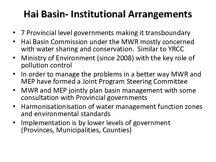 Institutional Context for IWRM and River Basin Planning