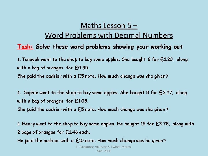 Maths Lesson 5 Word Problems with Decimal Numbers
