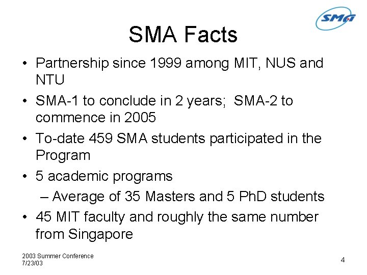 Introduction to SMAs Distance Learning Classroom 2003 Summer