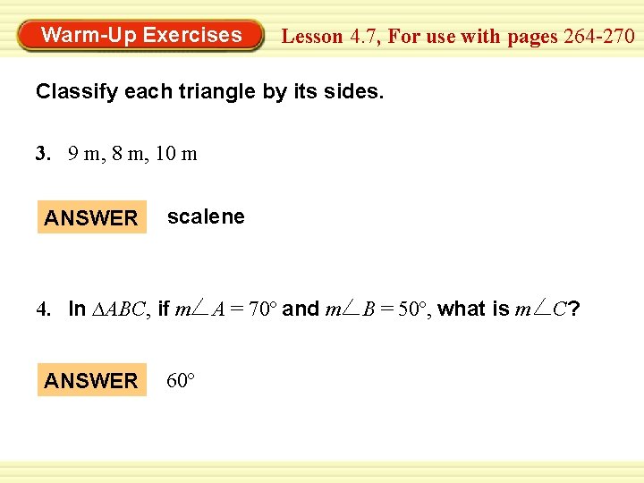 WarmUp Exercises Lesson 4 7 For use with