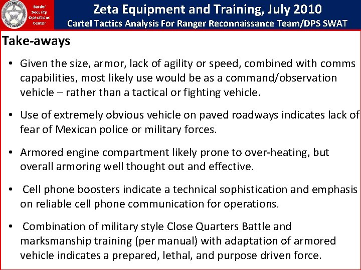 Border Security Operations Center Zeta Equipment and Training
