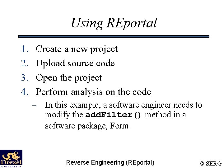 REportal Reverse Engineering Portal reportal cs drexel edu