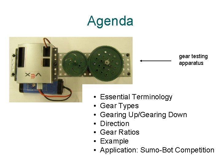 Gears VEX Agenda gear testing apparatus Essential Terminology