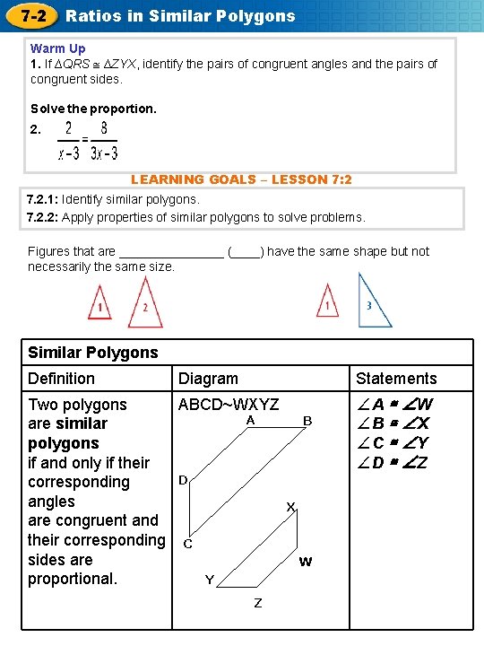 7 2 Ratios in Similar Polygons Warm Up