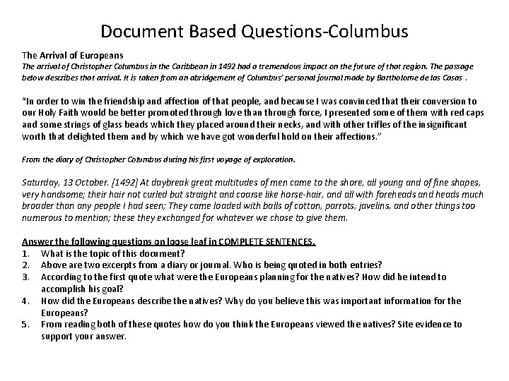 Document Based QuestionsColumbus The Arrival of Europeans The