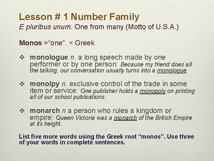 Vocabulary from Greek Latin Roots By word Families