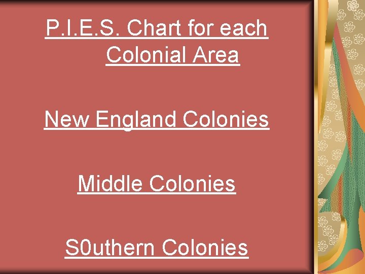 P I E S Chart for each Colonial