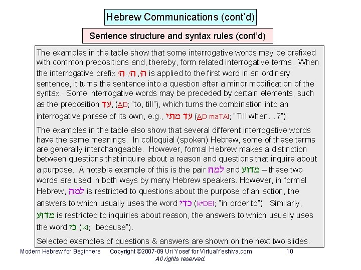 Hebrew Communications This module introduces the basic elements