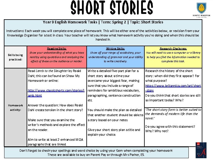 Year 9 English Homework Tasks Term Spring 2