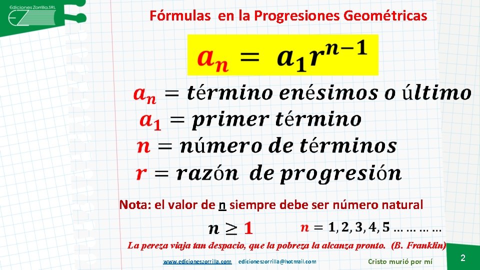 PROGRESIN GEOMTRICAS Problema 1 Frmulas en la Progresiones