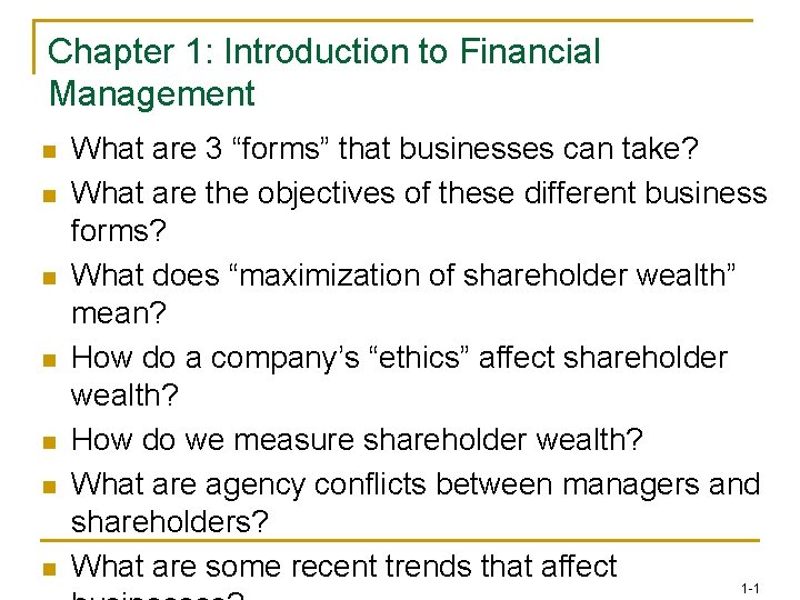 Chapter 1 Introduction to Financial Management n n