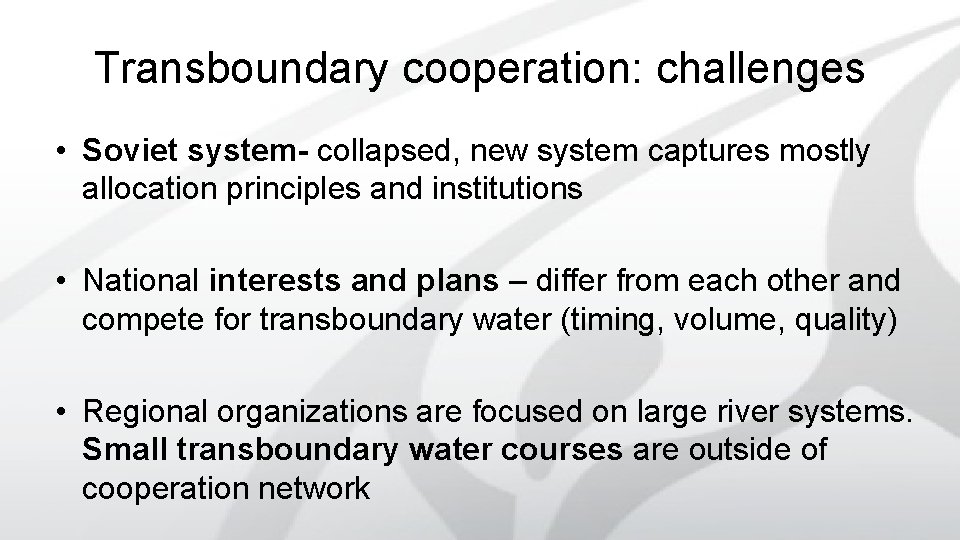 Transboundary Water Cooperation in Central Asia Examples and