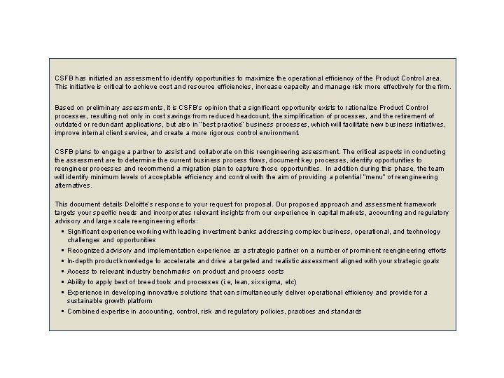 CSFB Product Control Process Reengineering RFP Proposal March